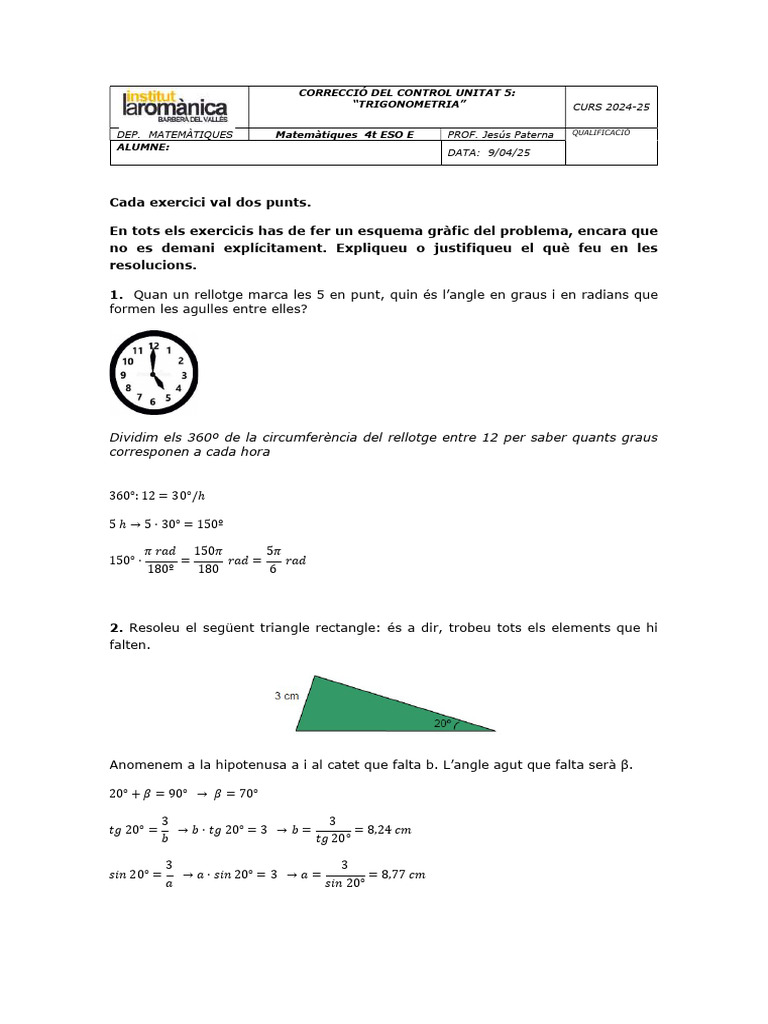 Examen Ud5 4eso (E) Correcció Trigonometria | PDF