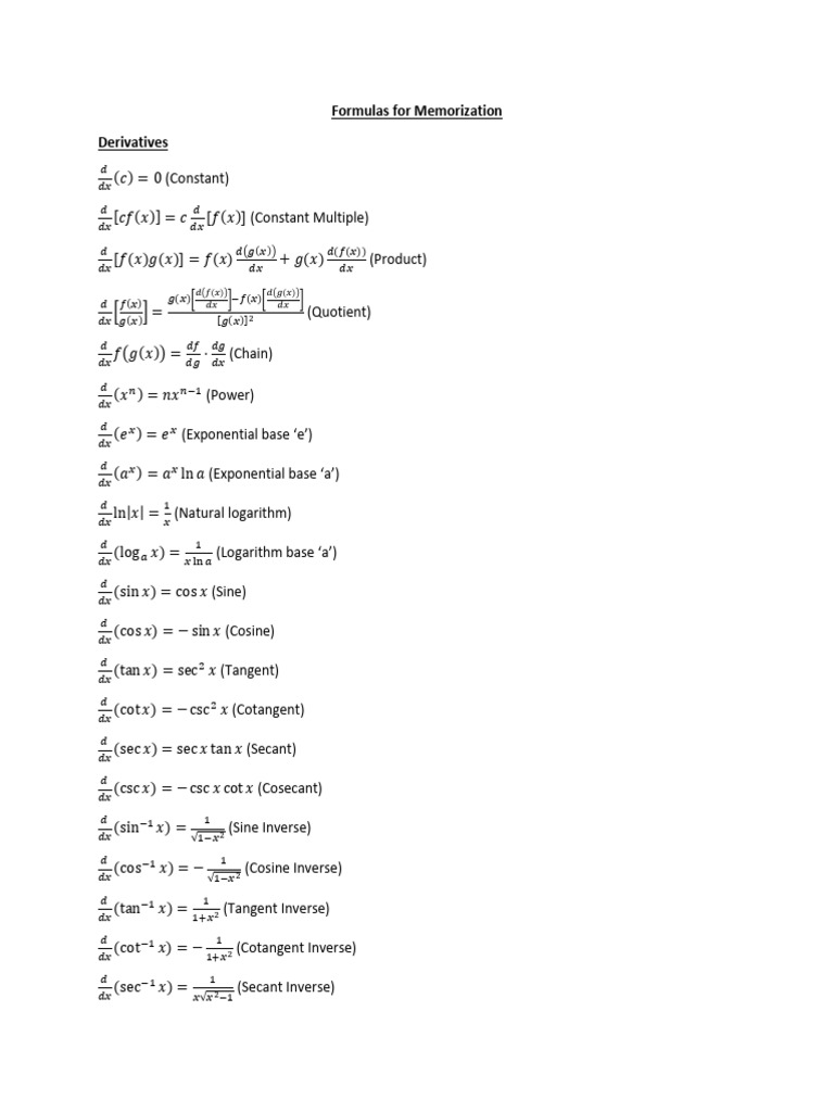 Calc 2 - Formulas for Memorization | PDF | Trigonometric Functions | Euclid