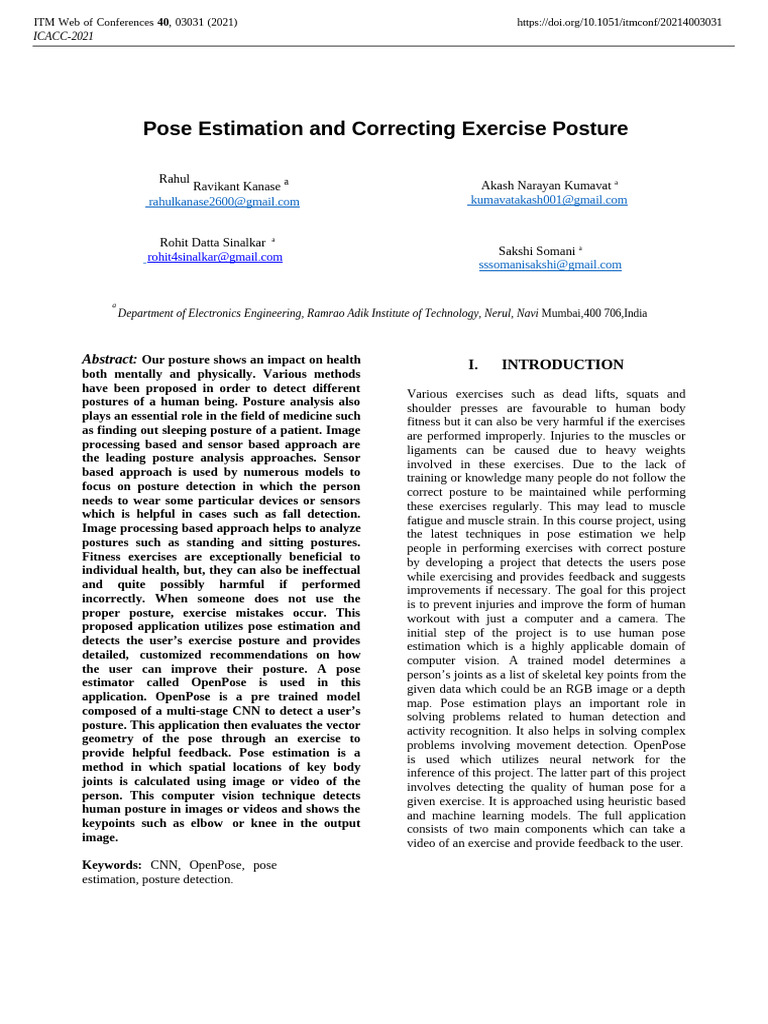 Pose Estimation And Correcting Exercise Posture Pdf Machine