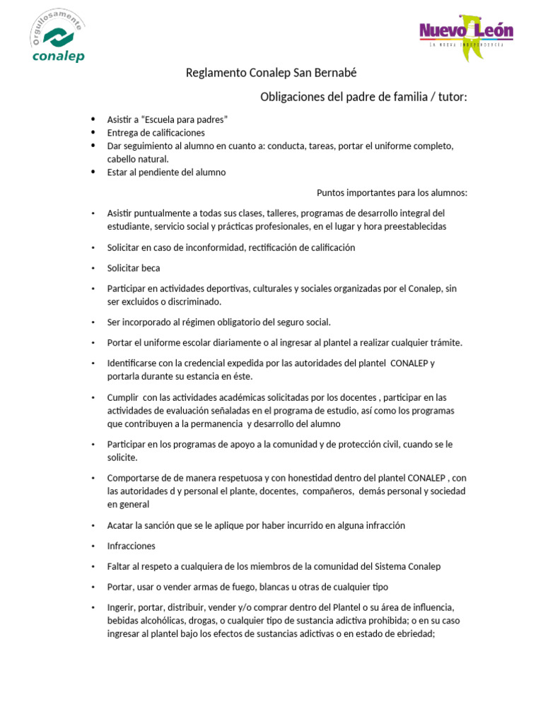 Reglamento Conalep San Bernabé | PDF