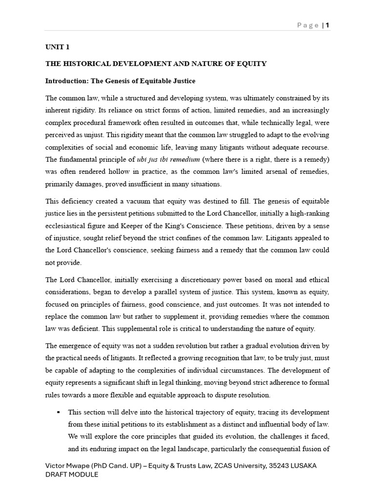 Draft Module Wip - Equity & Trusts Law Sla 3211 Victor Mwape Zcasu | PDF | Equity (Law ...