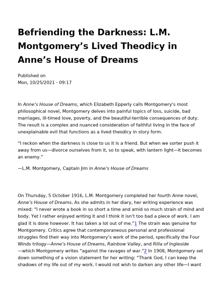 Befriending The Darkness LM Montgomerys Lived Theodicy in Annes House ...