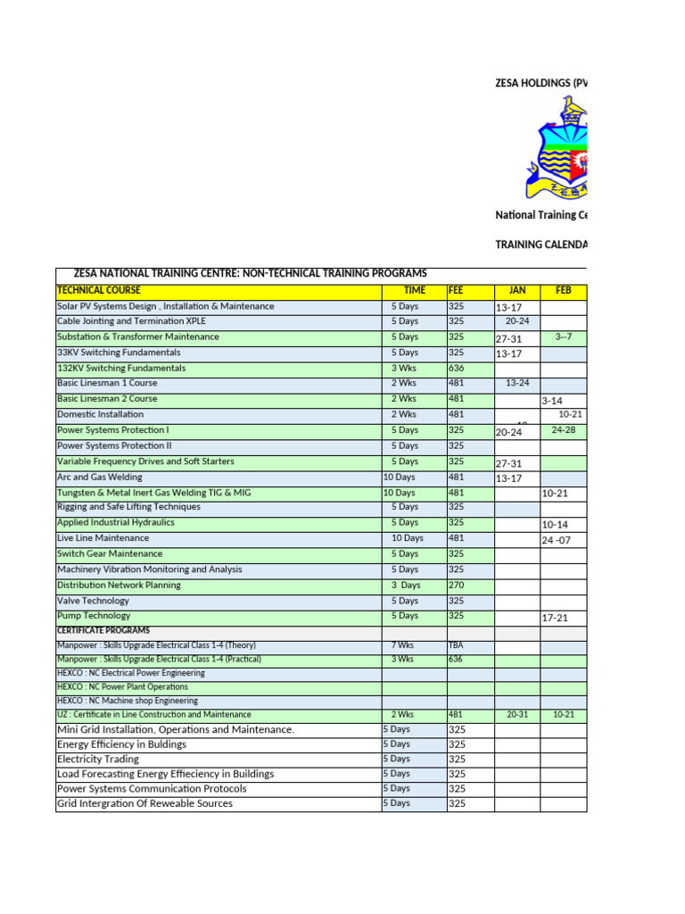 ZESA Training Calendar 2025 Overview | PDF