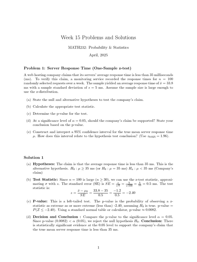 MATH232 W15 Problems PDF | PDF | P Value | Errors And Residuals