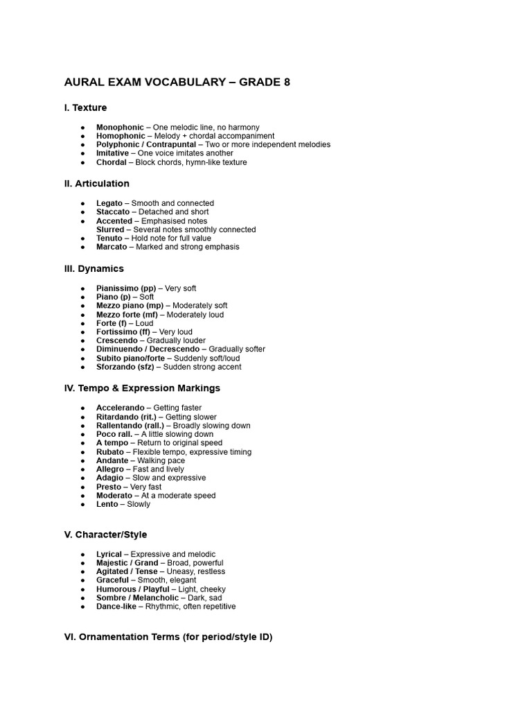 Aural Exam Vocabulary - Grade 8 | PDF