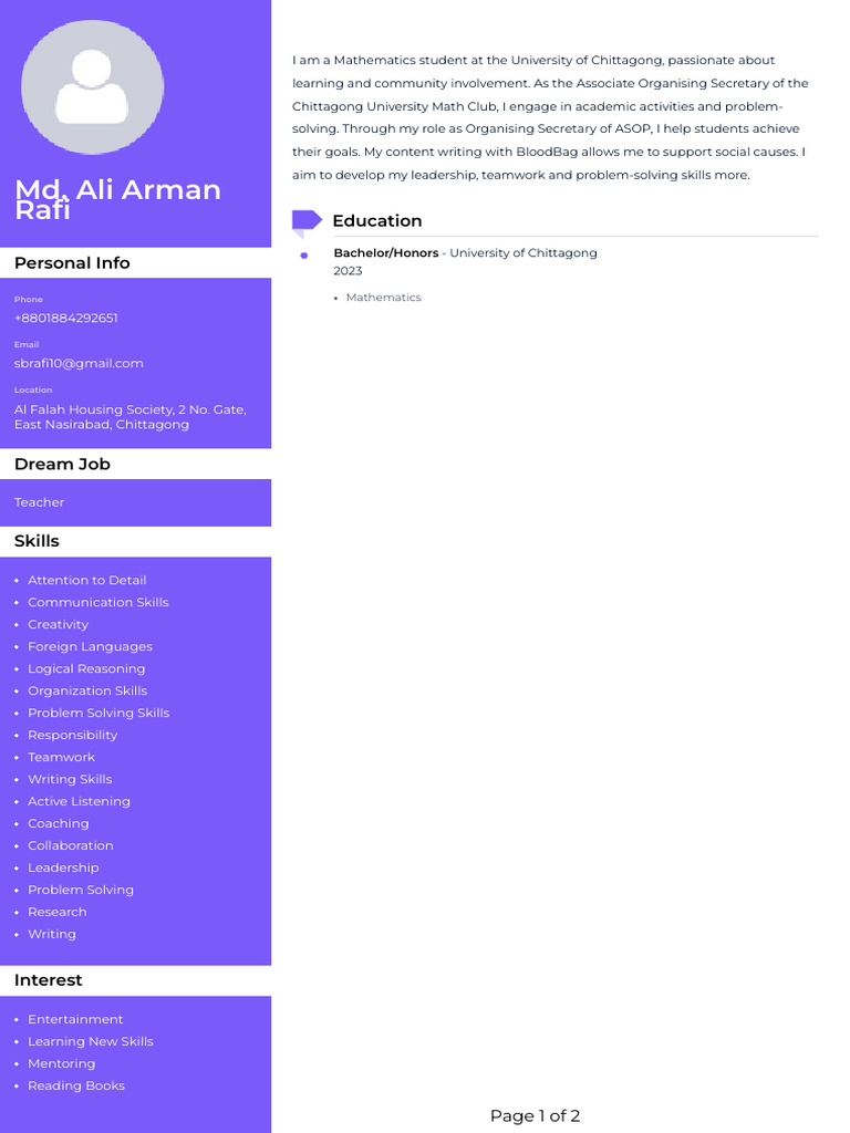 Md. Ali Arman Rafi: Aspiring Teacher Profile | PDF