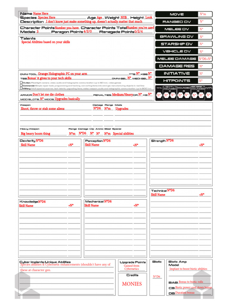 Mass Effect D6 Character Sheet Template | PDF | Gaming