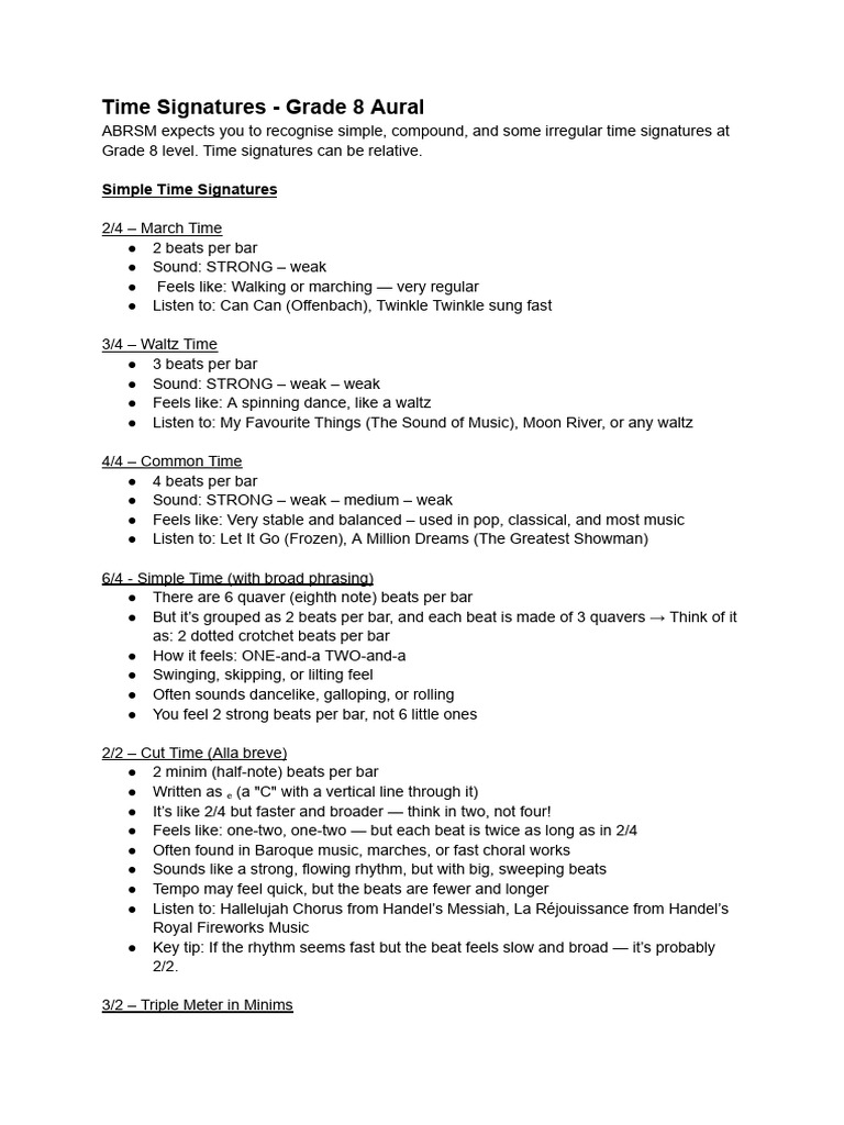 Time Signatures - Grade 8 Aural | PDF | Musicology | Musical Compositions
