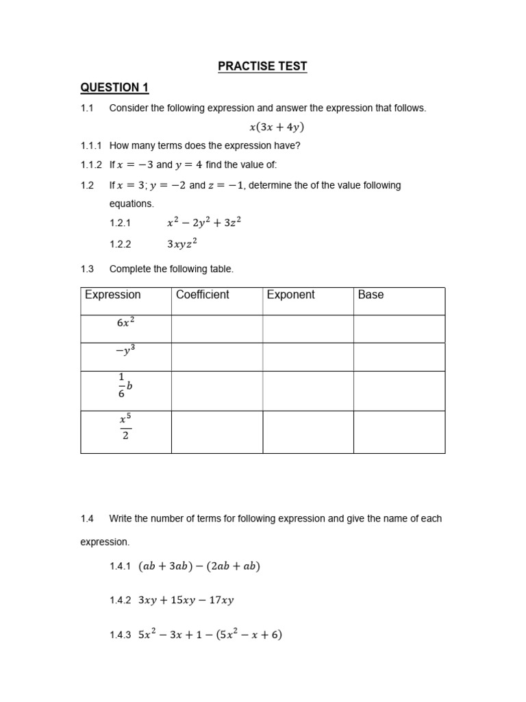 Math Practice Test: Expressions & Equations | PDF