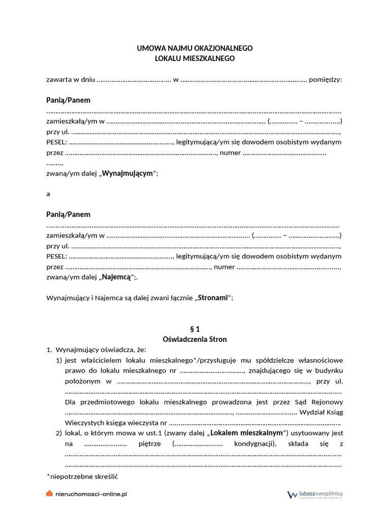 Umowa Najmu Okazjonalnego Lokalu Mieszkalnego | PDF