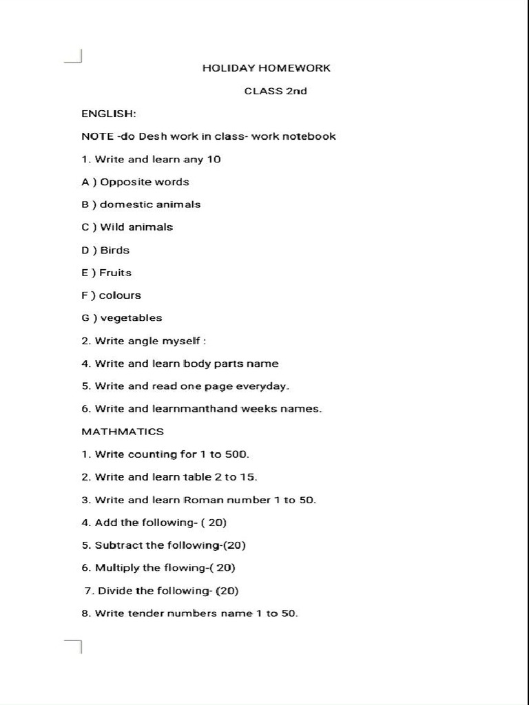 Class 2nd holiday homework 2025 | PDF