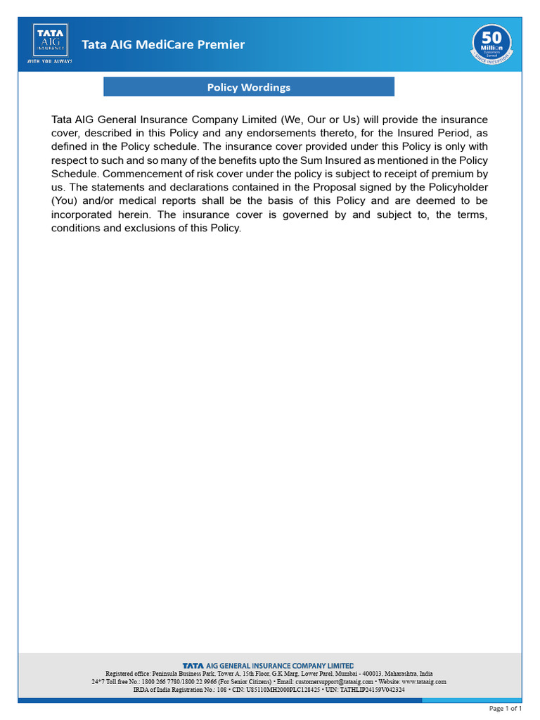 Tata AIG MediCare Premier Policy Details | PDF | Insurance | Hospital