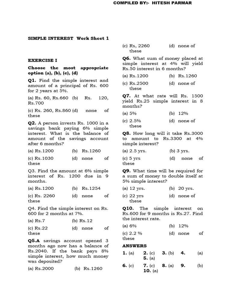 Simple Interest Worksheet | PDF | Interest | Loans