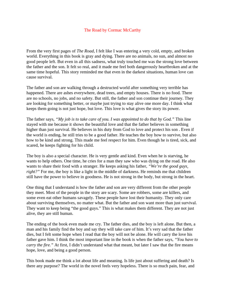 The Road by Cormac McCarthy Reposnse Paper | PDF