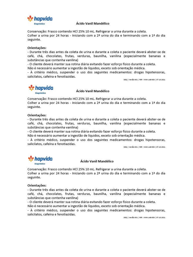 Coleta e Orientações para Ácido Vanil Mandélico | PDF
