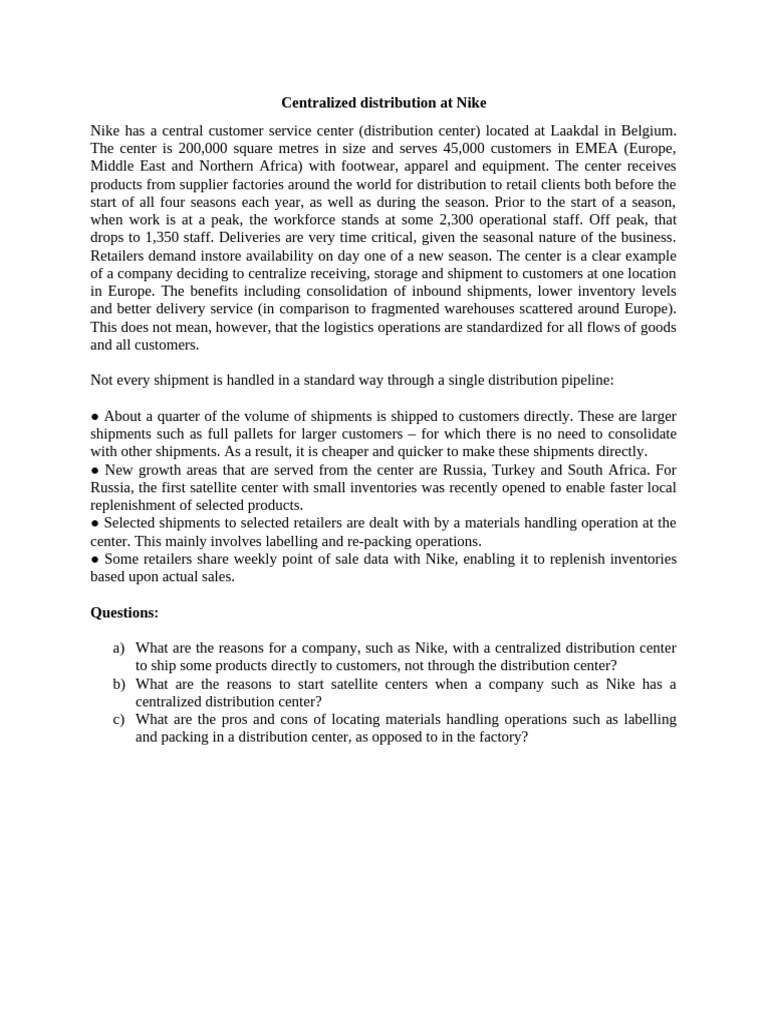 Centralized Distribution at Nike-Logistics | PDF | Logistics | Inventory
