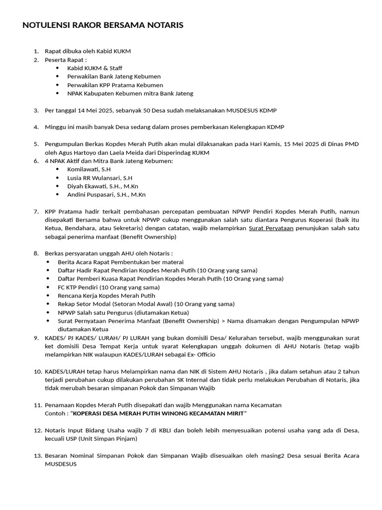Notulensi Rakor Bersama Notaris | PDF