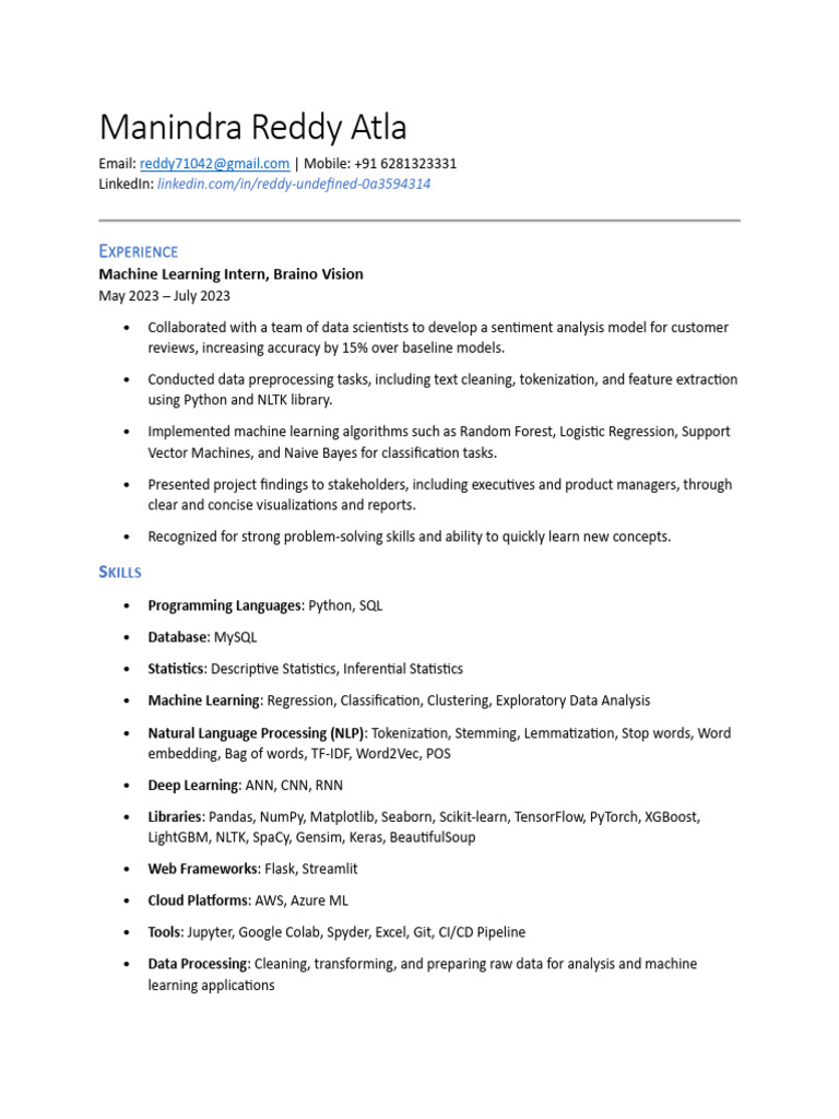 Updated - Mani - Reddy - Resume 1 | PDF | Machine Learning | Cloud ...