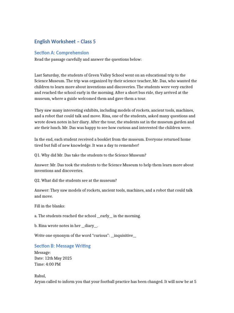 English Worksheet Class 5 With Answers | PDF | Linguistics | Languages