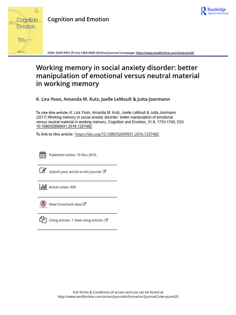 Working Memory in Social Anxiety Disorder Better Manipulation of Emotional Versus Neutral ...