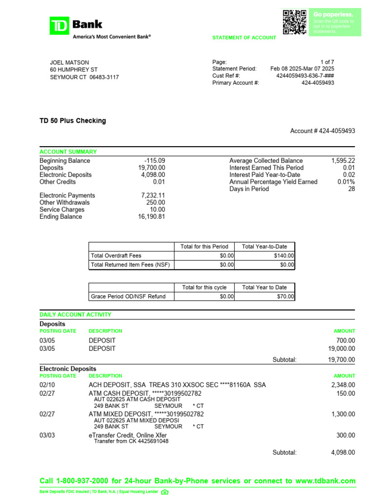 TD Bank Account Statement Summary | PDF | Banks | Credit Card