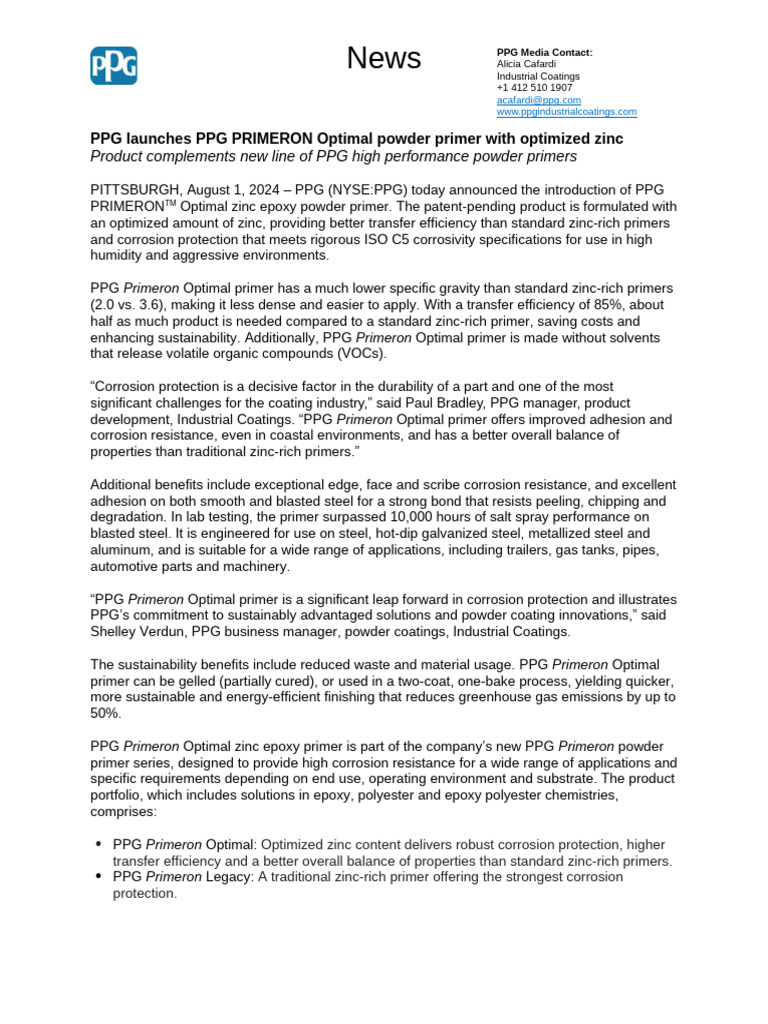 PPG Primeron Press Release - FINAL 1 | PDF | Corrosion | Coating