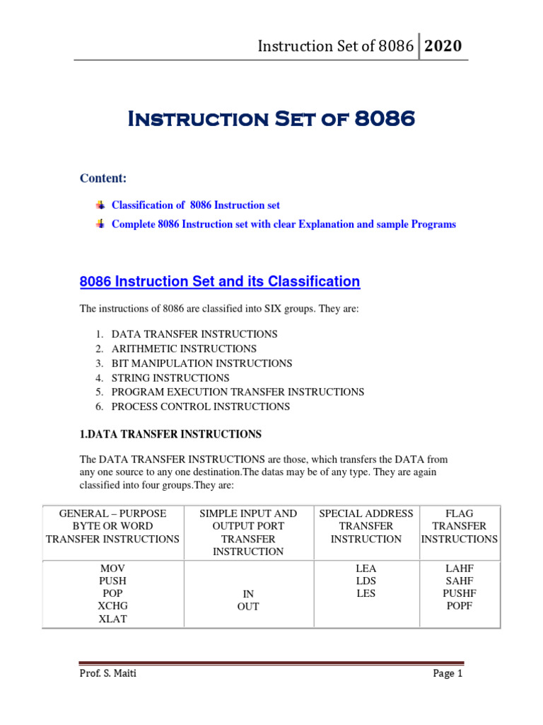 8086 Instruction Set | PDF | Arithmetic | Computer Hardware