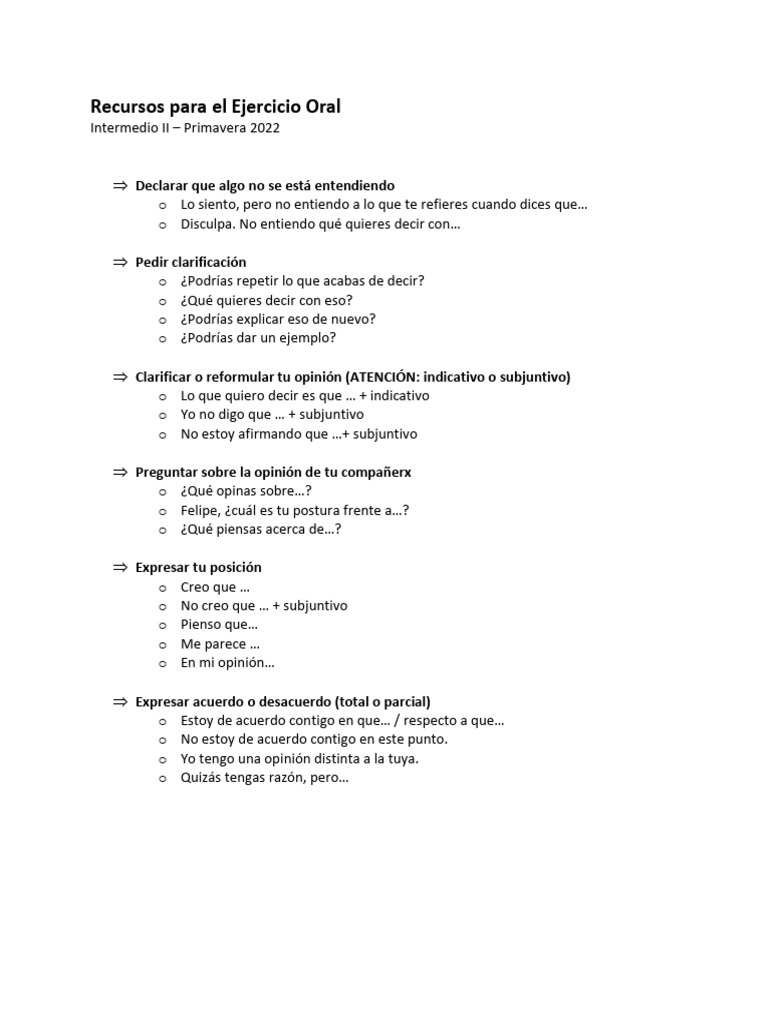 Recursos para el Ejercicio Oral Intermedio | PDF