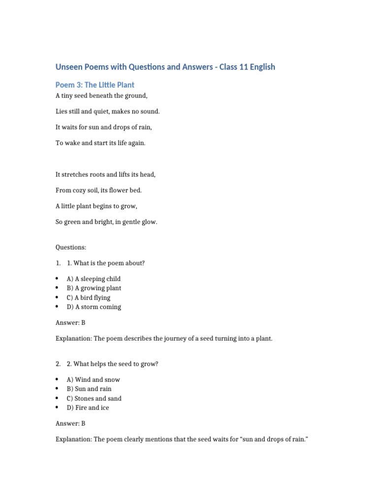 Unseen Poems Questions Answers Class11 | PDF