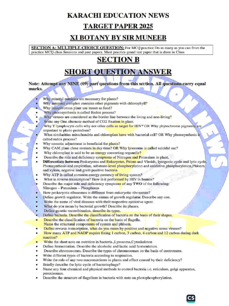 First Year Botany Target Paper by Sir Muneeb | PDF