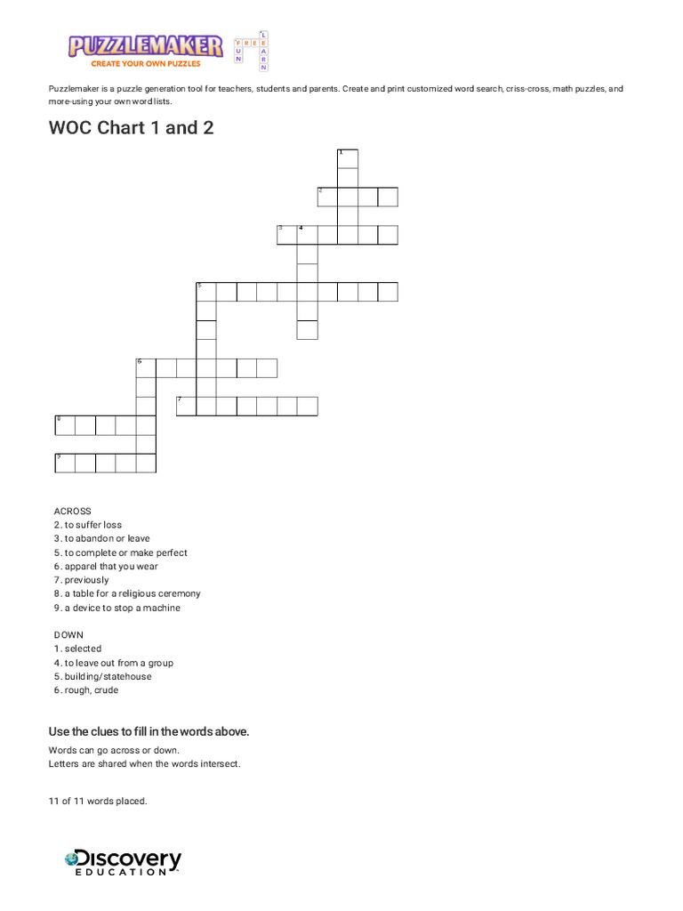 Criss Cross Puzzle - Discovery Education Puzzlemaker | PDF
