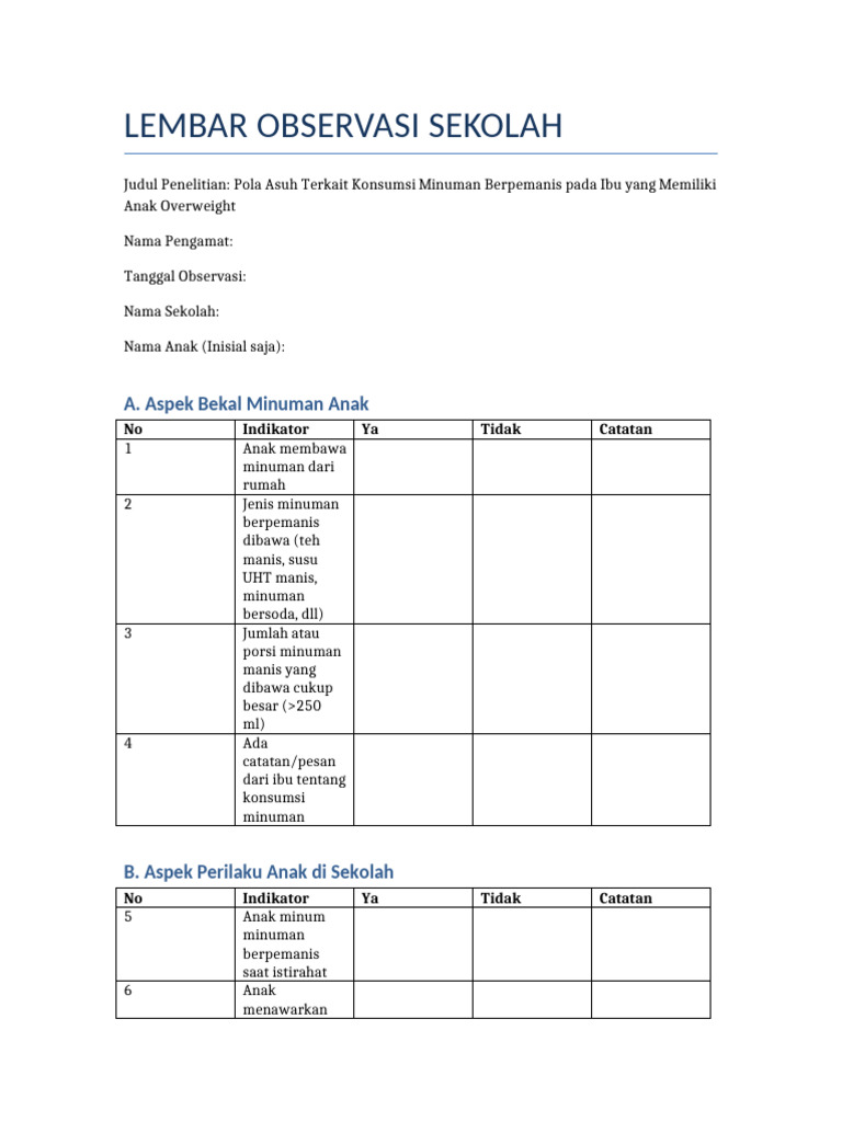 Lembar Observasi Sekolah Uma Lengkap | PDF