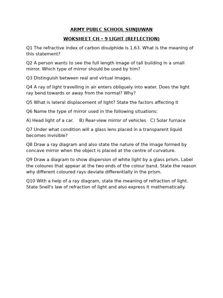 Light Reflection and Refraction Worksheet | PDF