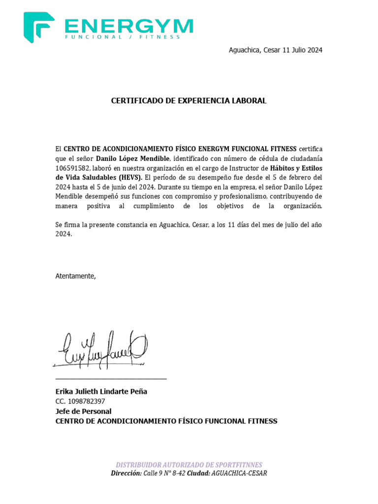 Certificado Experiencia Danilo Lopez | PDF