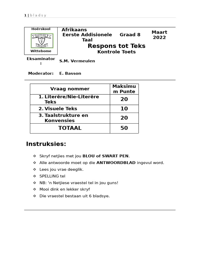 Afrikaans EAT Gr8 - Maart | PDF