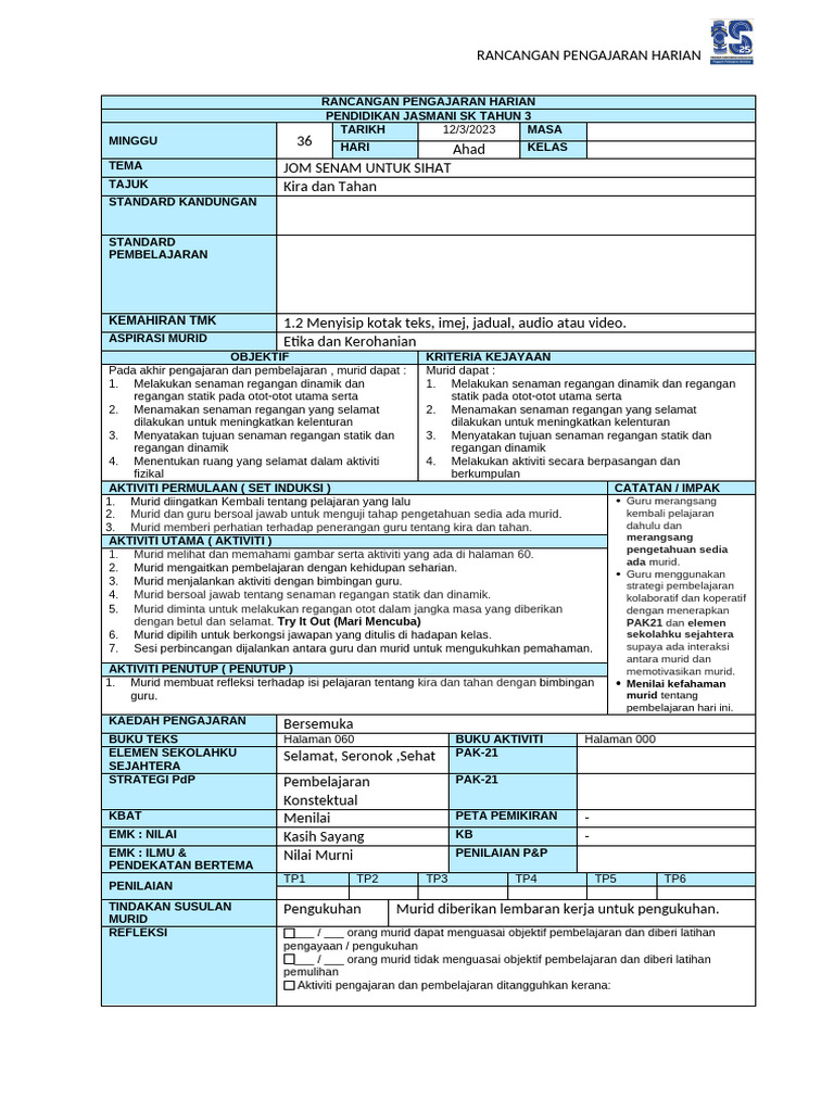 RPH MINGGU 36 PENDIDIKAN JASMANI THN 3 2023 BY CIKGU | PDF