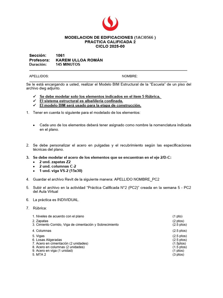 Modelacion de Edificaciones Practica Calificada 2 CICLO 2025-00 Sección ...