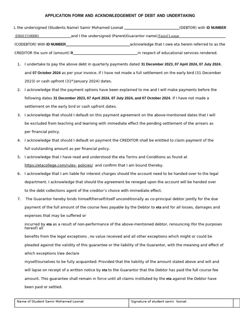 Educational Debt Acknowledgment Form | PDF | Guarantee | Debt
