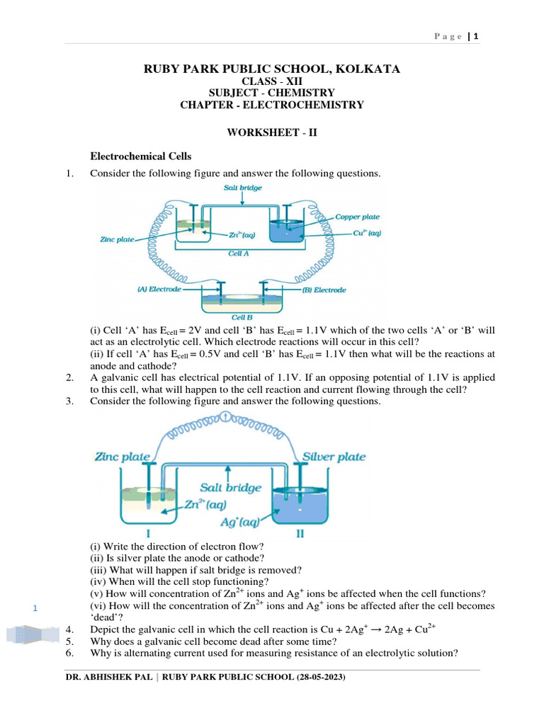 Class 12 Electrochemistry Worksheet | PDF | Electrochemistry | Cathode