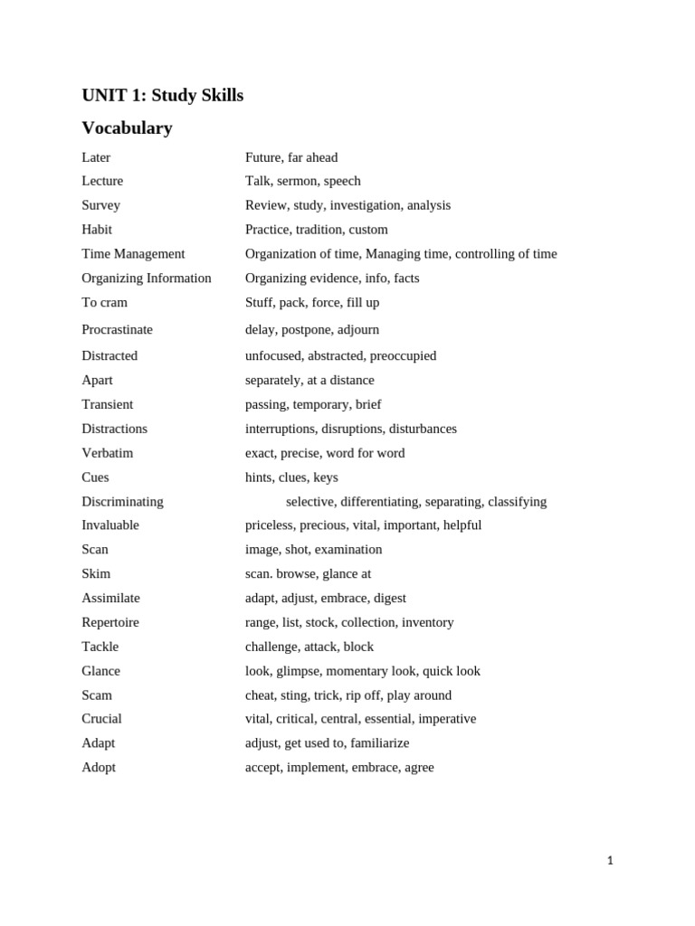 Vocabulary Units 1-5 Communicative English Language I | PDF | Subject ...