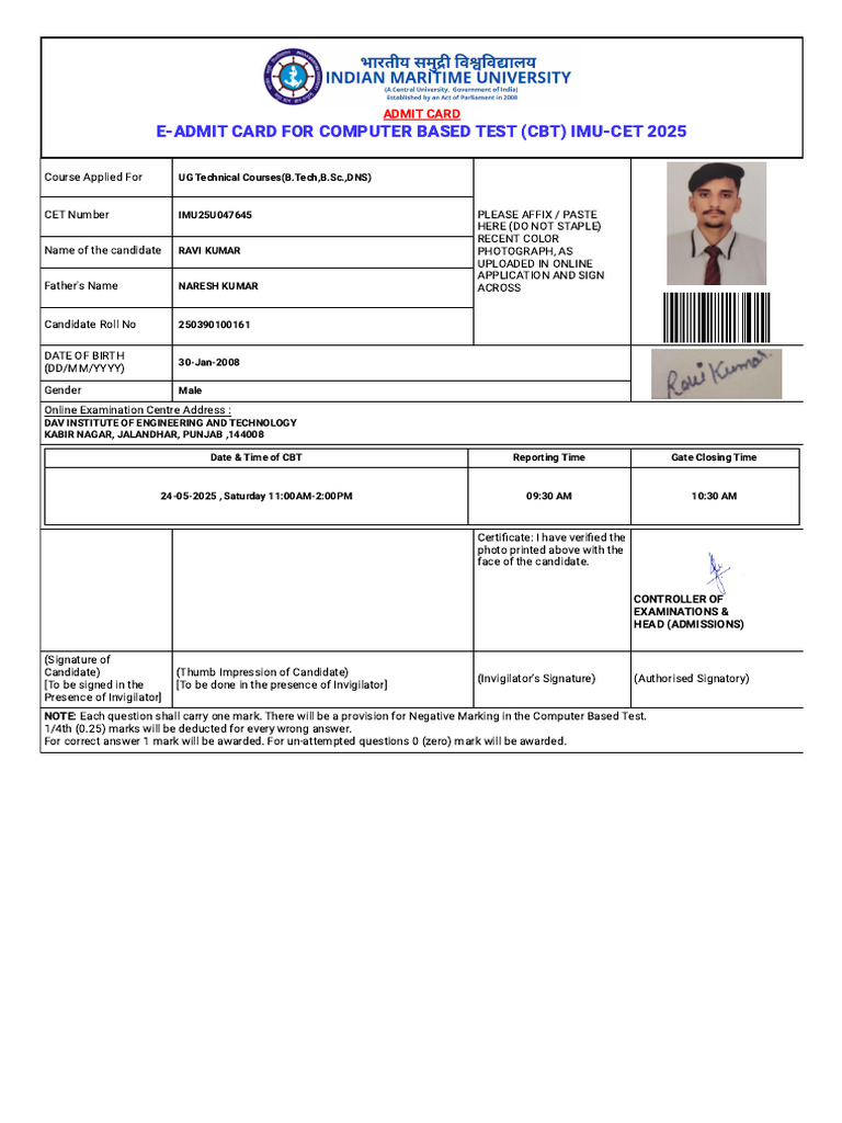 IMU-CET 2025 E-Admit Card Details | PDF | Identity Document