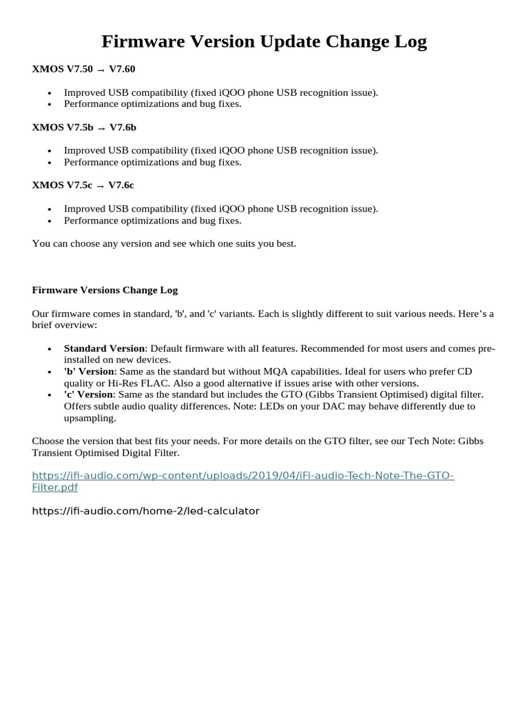Firmware Version Update Change Log | PDF