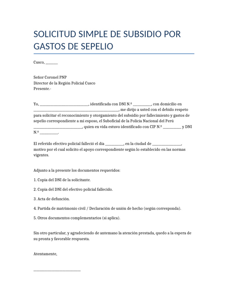 Solicitud Subsidio Sepelio PNP Cusco | PDF