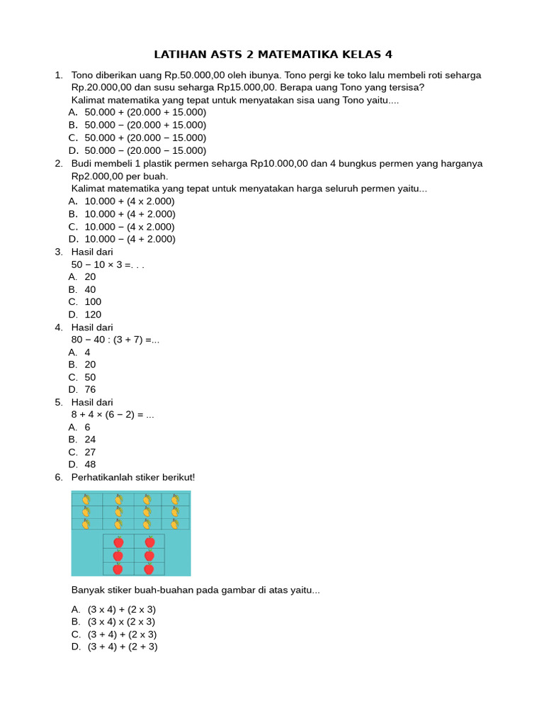 Latihan Asts 2 Matematika Kelas 4 Ver 1 | PDF