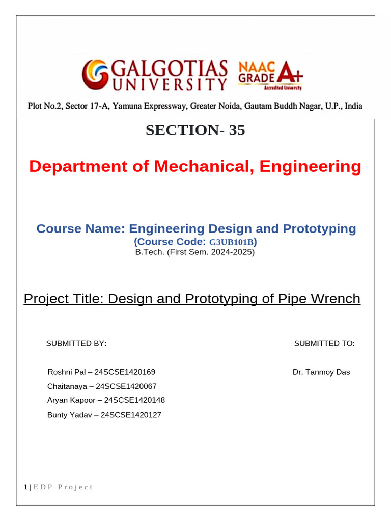 Section-35 Group 6 (Design and Prototyping of Pipe Wrench) | PDF ...