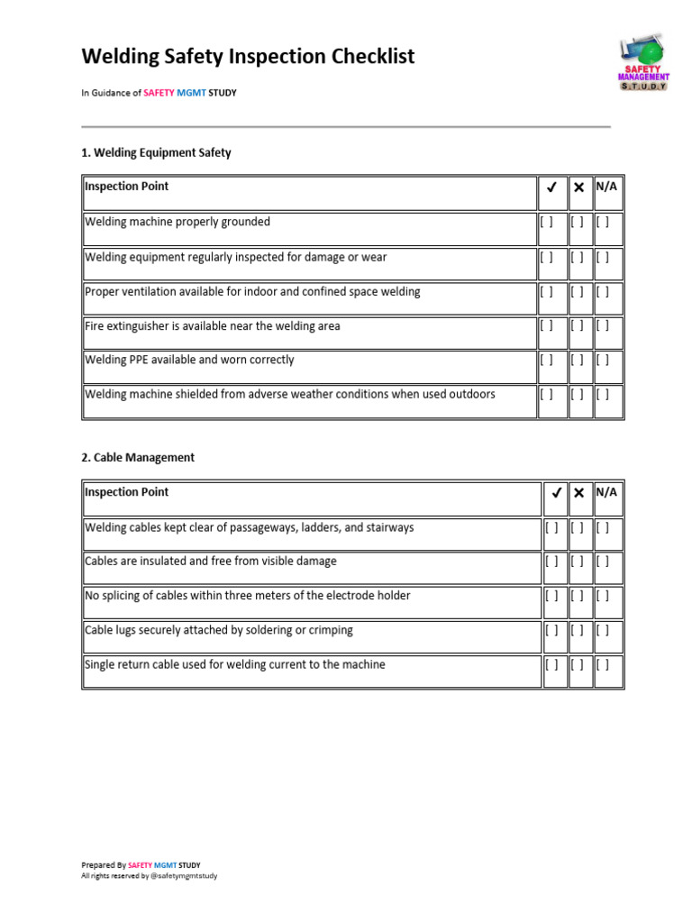 Welding Checklist Safety MGMT Study | PDF | Welding | Construction