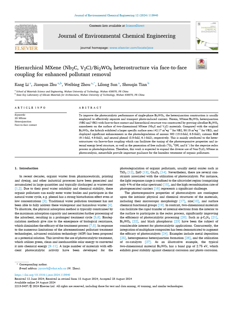 Hierarchical MXene (Nb2C, V2C)_Bi2WO6 heterostructure via face-to-face coupling for enhanced ...