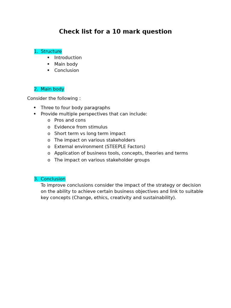 Check List for a 10 Mark Question | PDF