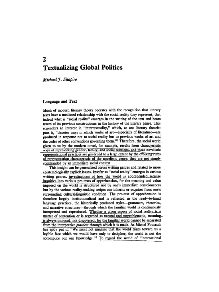 SHAPIRO, Michael. Textualizing Global Politics. in DER DERIAN, James ...
