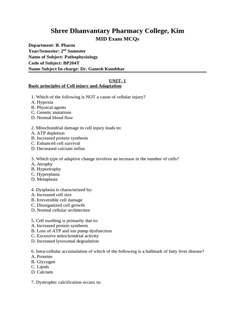 Pathophysiology BP204T MCQ | PDF | Inflammation | Kidney